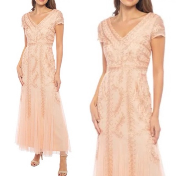 MARINA | Dresses | Marina Beaded Cap Sleeve Tulle Gown Blush New | Poshmark